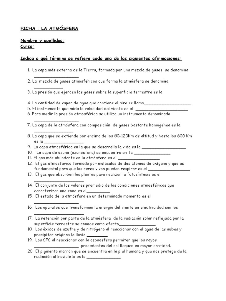 Ficha. La Atmósfera | PDF