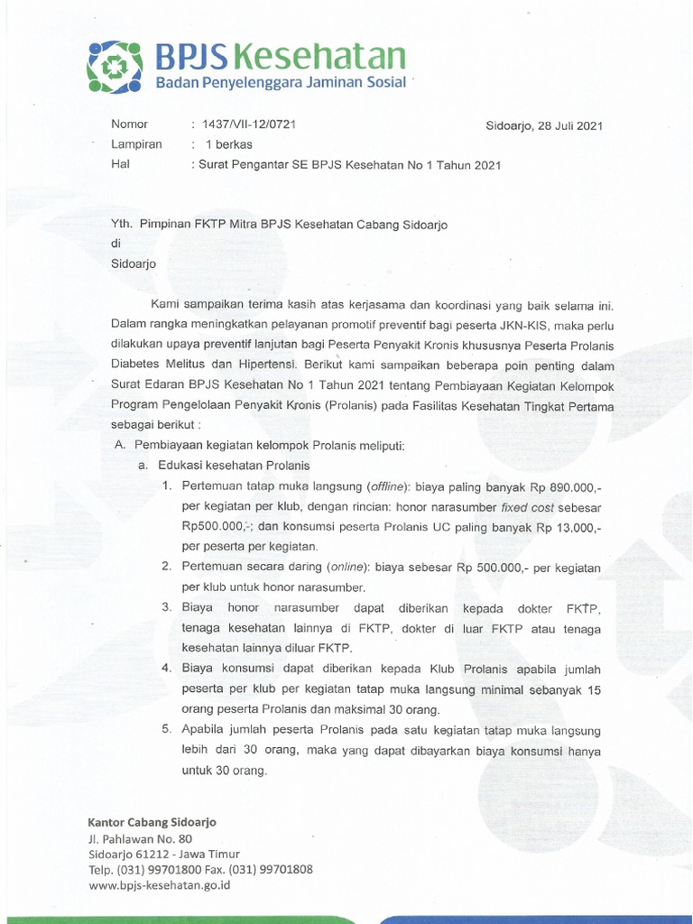 1437 Surat Pengantar SE BPJS Kesehatan No 1 2021 | PDF
