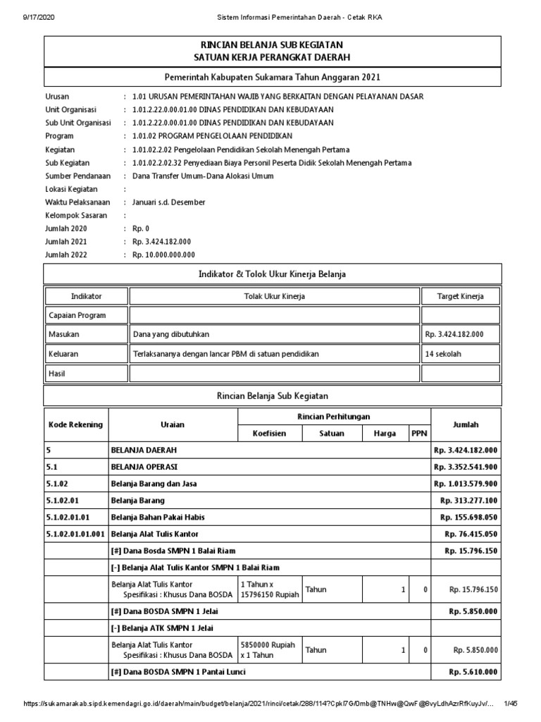 Sistem Informasi Pemerintahan Daerah - Cetak RKA TERBARU SMP | PDF