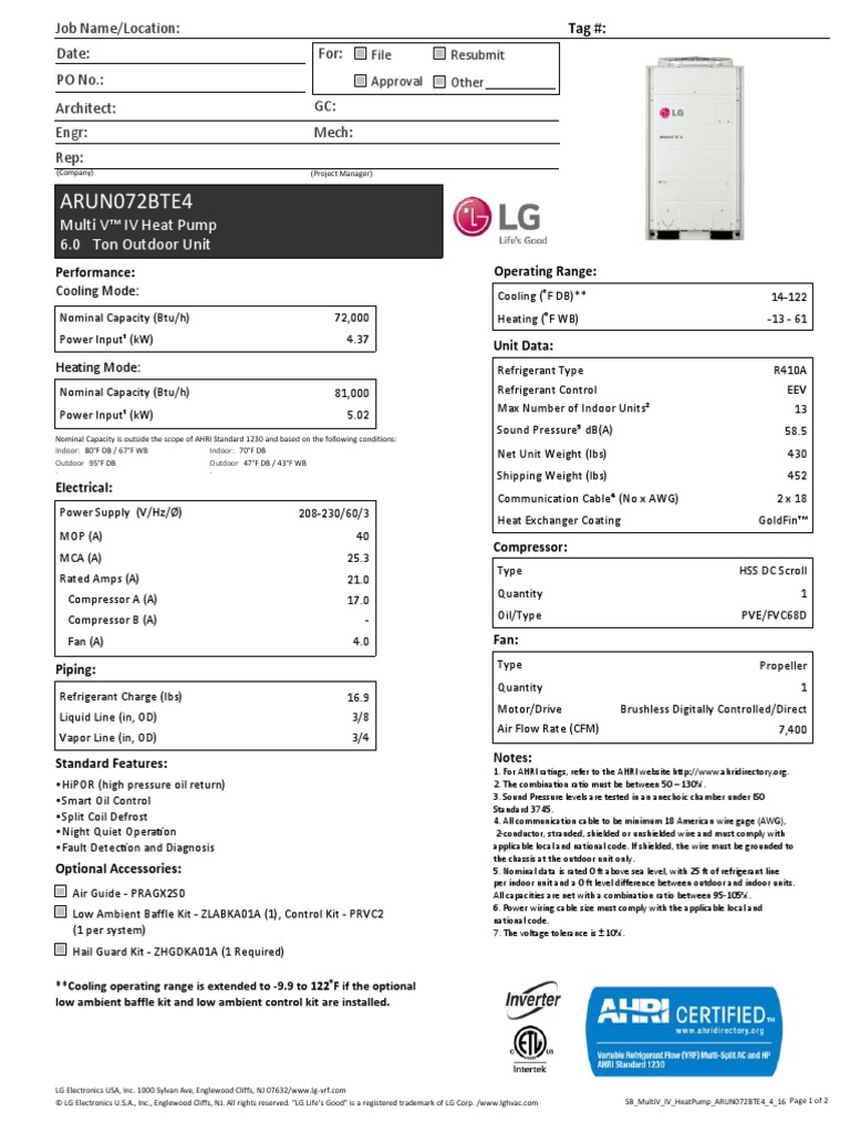ARUN072BTE4: Ton Outdoor Unit Multi V™ IV Heat Pump 6.0 | PDF | Heat ...
