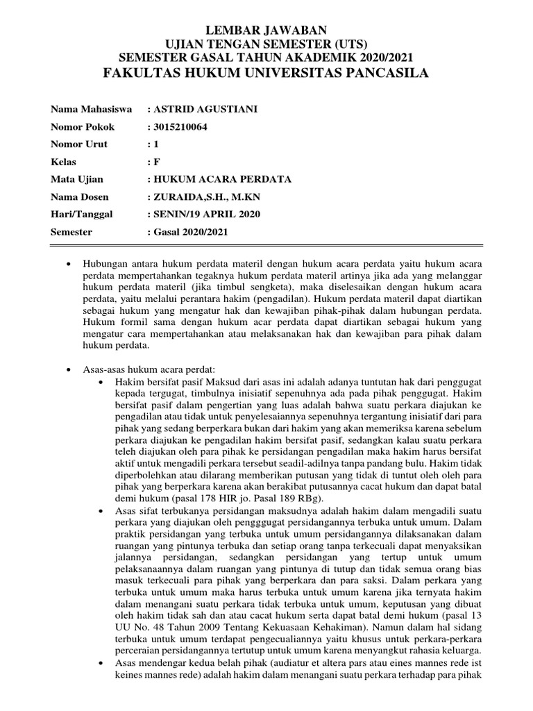 Asas Hukum Acara Perdata UTS | PDF
