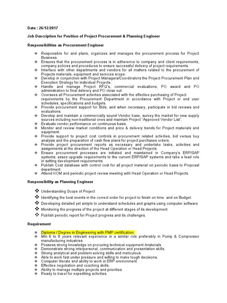 JD - Project Procurement Planning Engineer | PDF | Procurement | Business