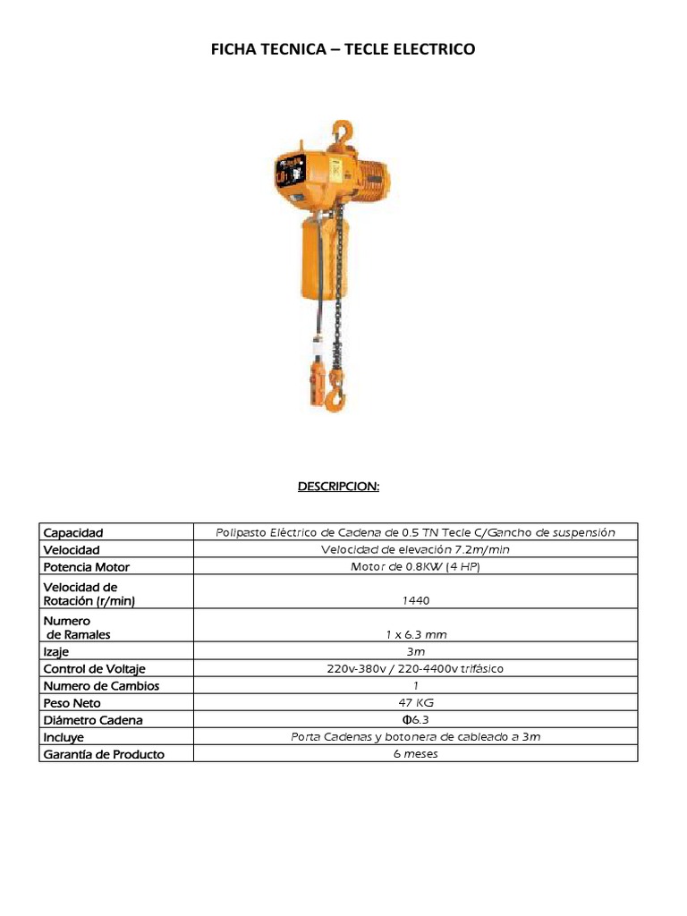 Ficha Técnica del Tecle Eléctrico | PDF