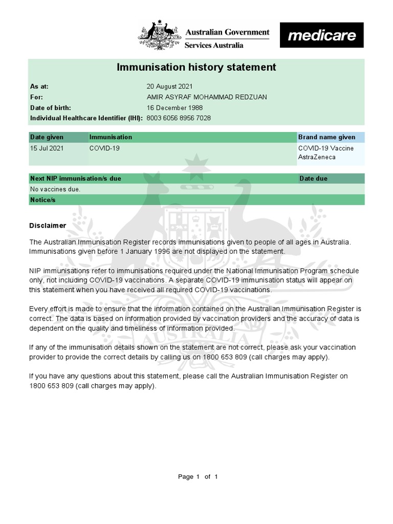 Immunisation History Statement: As At: For: Date of Birth: Individual ...