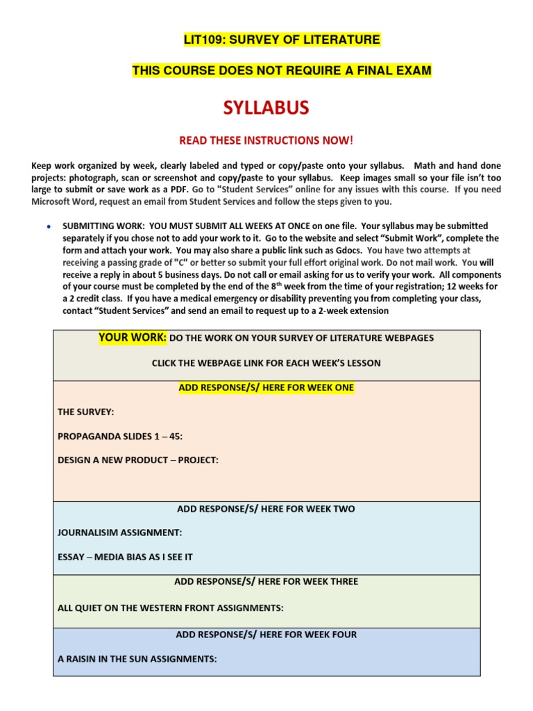 Syllabus: Lit109: Survey of Literature This Course Does Not Require A ...