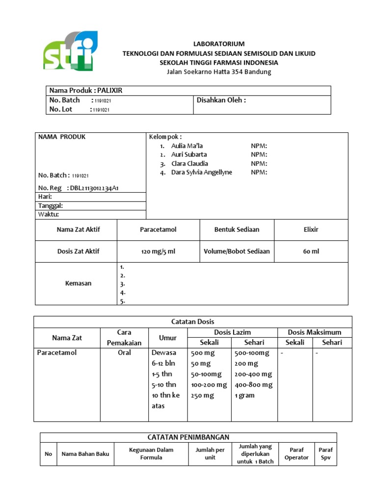 Formulasi Elixir Paracetamol PALIXIR | PDF