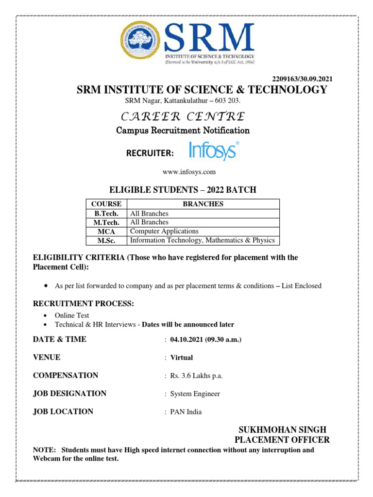 Infosys (System Engineer) - Circular 2022 | PDF