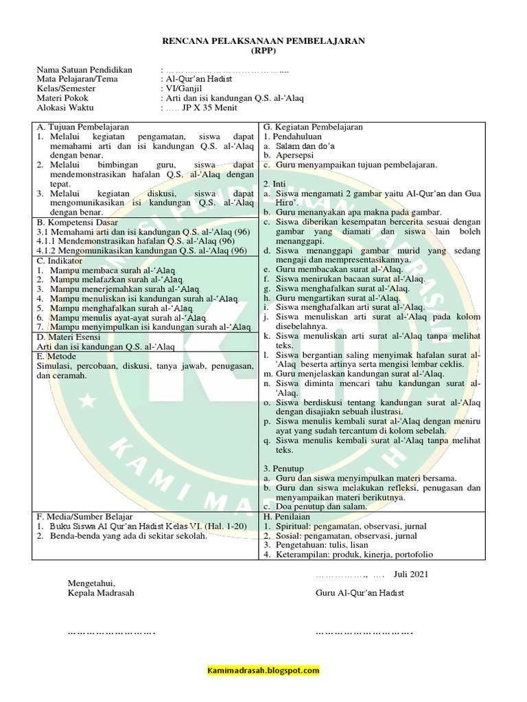 RPP Al-Qur - An Hadist Kls 6 - Kamimadrasah | PDF | Seni & Disiplin ...