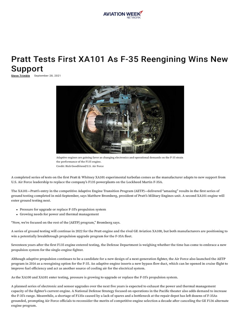 Pratt Tests First XA101 As F-35 Reengining Wins New Support - Aviation ...
