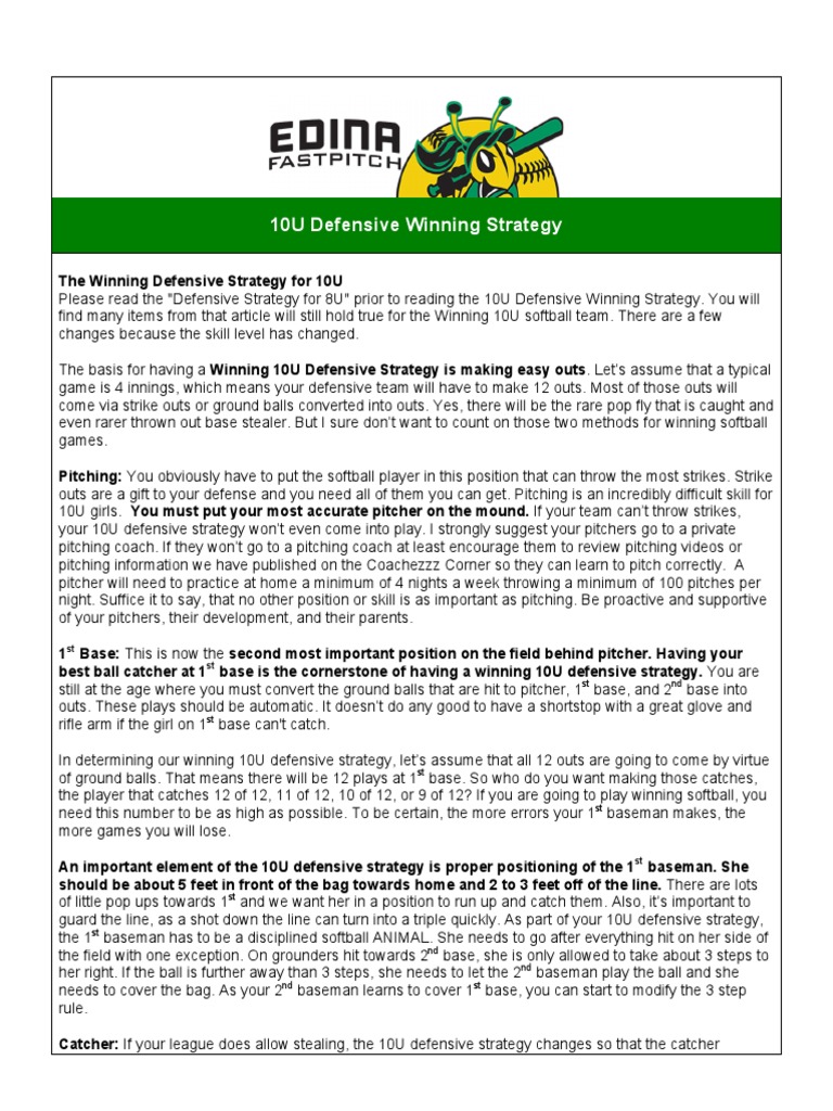 10U Softball Defensive Strategy Guide | PDF | Softball | Pitcher