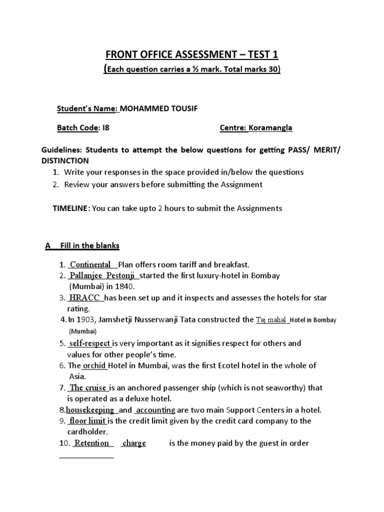 Front Office Assessment - Test 1 | PDF | Hotel | Payments