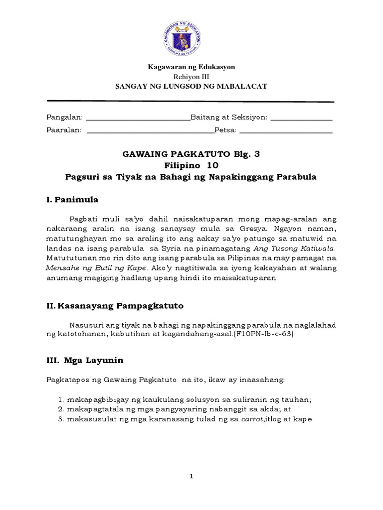 Filipino10 - Q1 - WK3 - Ang Tusong Katiwala Parabula Sa Syria | PDF