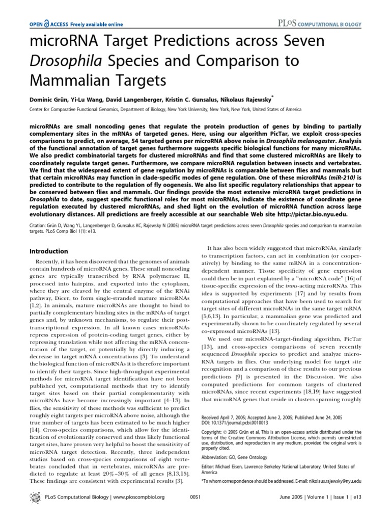 Microrna Target Predictions Across Seven Drosophila Species and ...