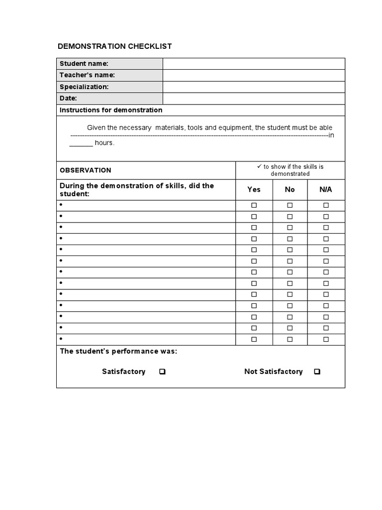 Demonstration Checklist: Student Name: Teacher's Name: Specialization ...
