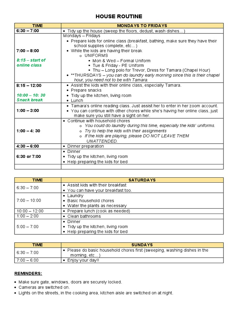 House Routine: 8:15 - Start of Online Class | PDF | Kitchen | Home ...
