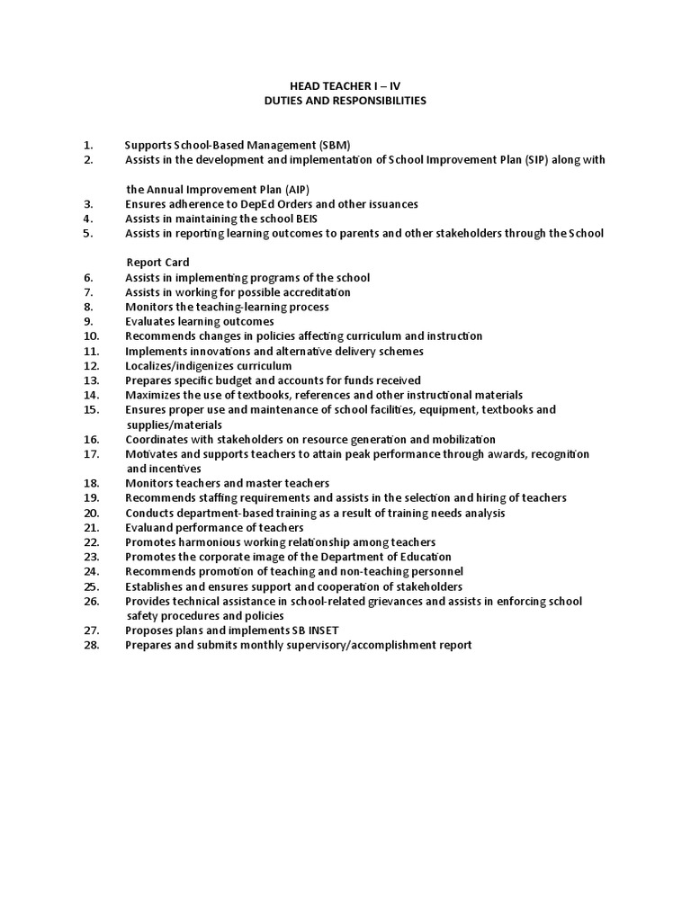 Head Teacher Duties and Responsibilities | PDF