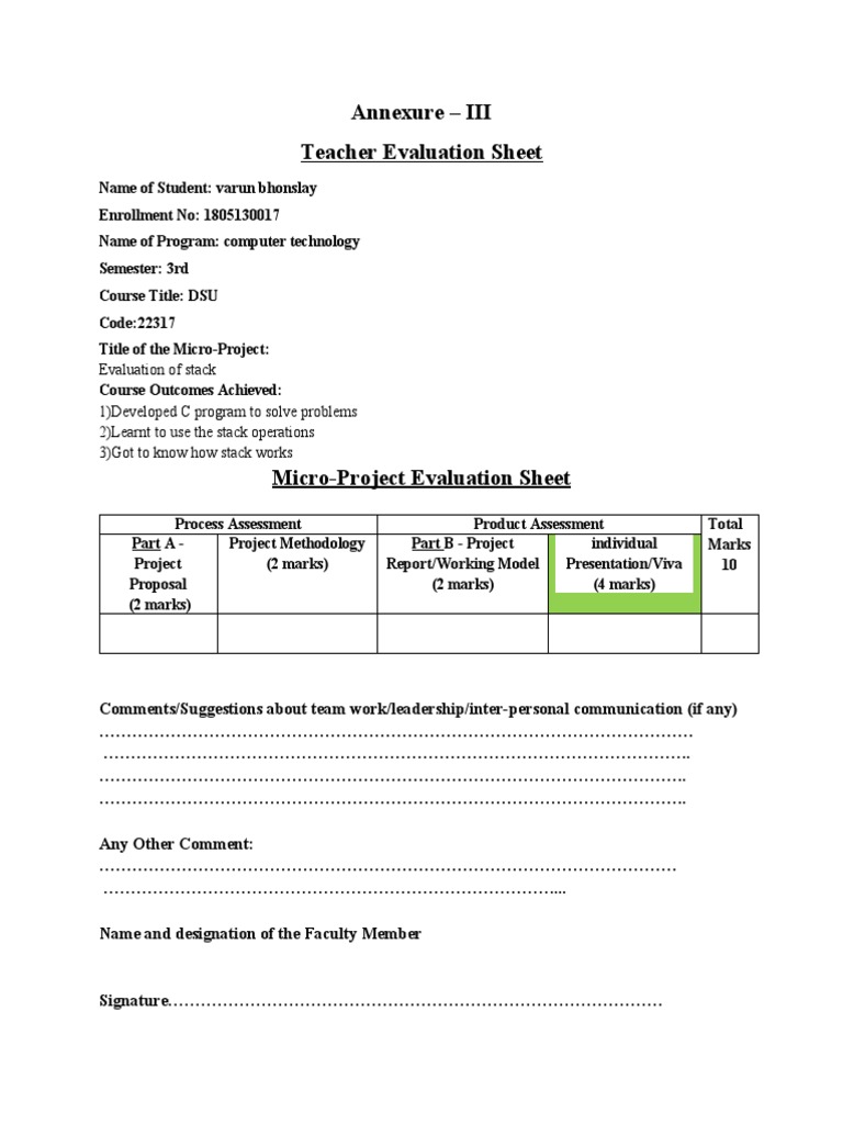 Annexure - III Teacher Evaluation Sheet | PDF | Technology & Engineering