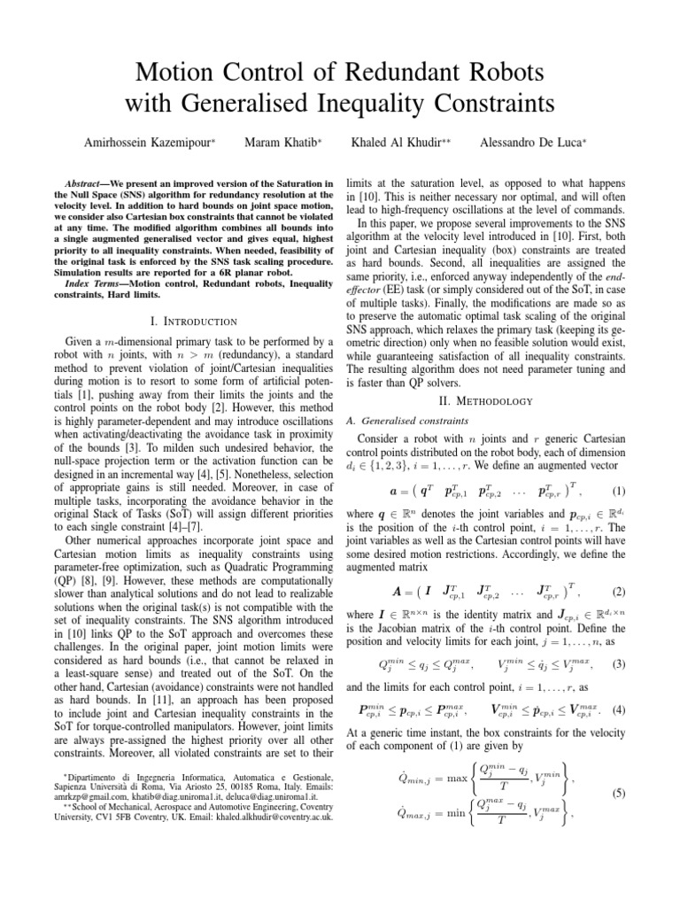 Motion Control of Redundant Robots with Generalised Inequality Constraints | PDF | Mathematical ...