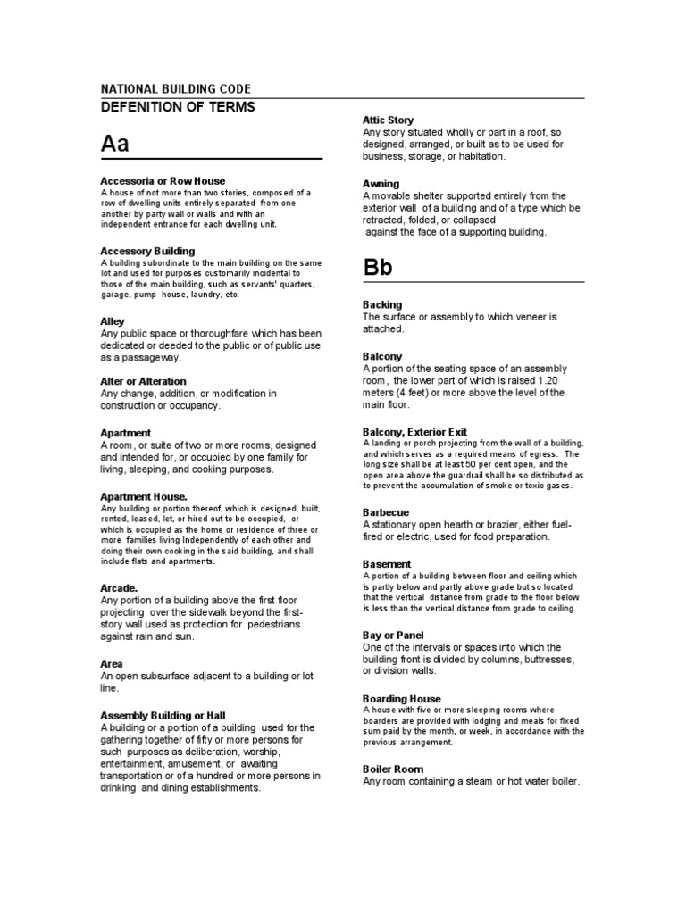 NATIONAL BUILDING CODE: DEFINITION OF KEY TERMS | PDF | Chimney | Wall