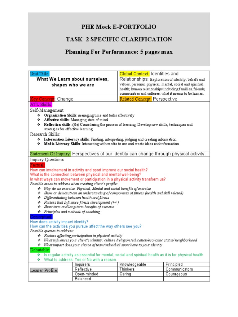 Phe Mock E-Portfolio Task 2 Specific Clarification Planning For Performance: 5 Pages Max | PDF ...