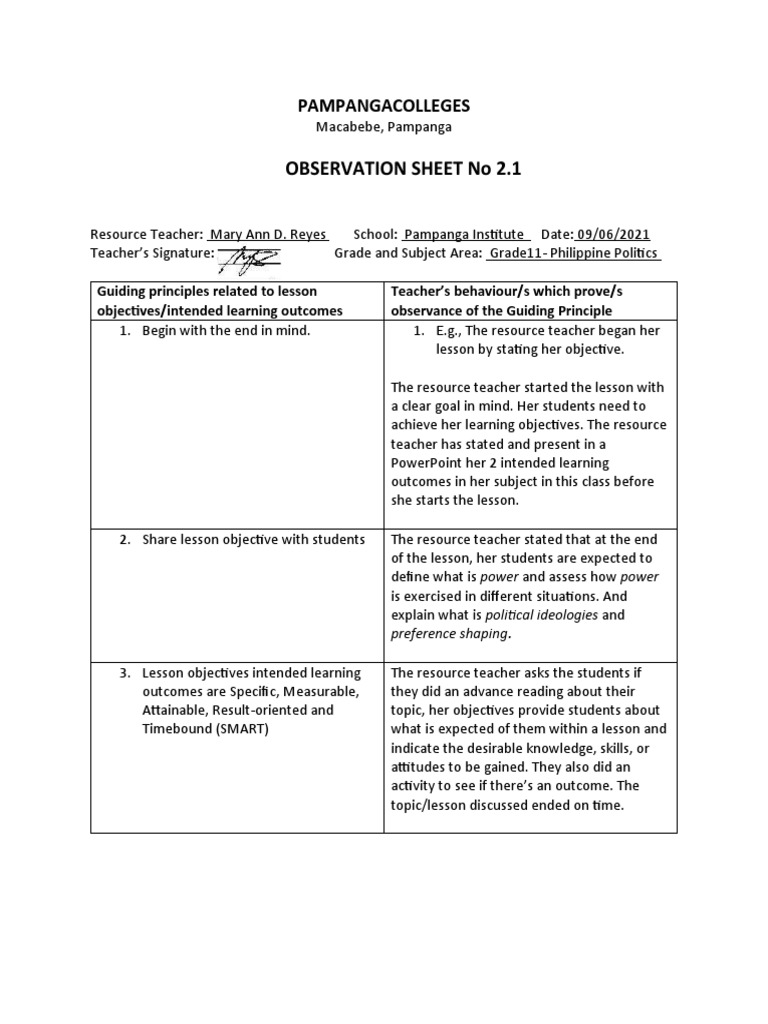 Observation Sheet No 2.1: Pampangacolleges | PDF | Learning | Teachers