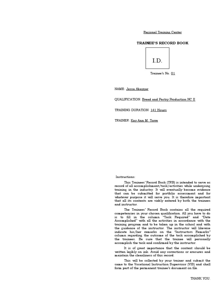 Trainee'S Record Book: Regional Training Center | PDF | Occupational ...