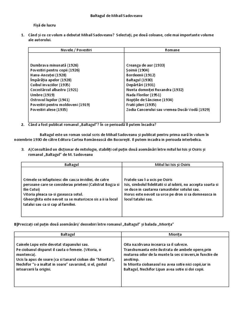 Baltagul - Fisa de Lucru | PDF