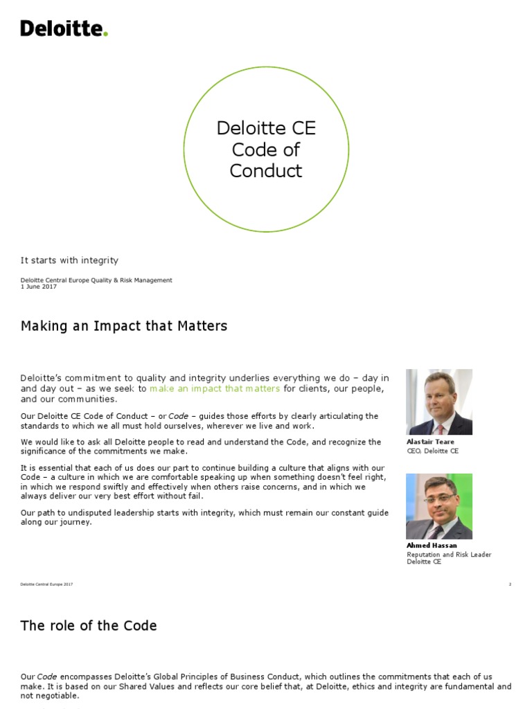 Deloitte CE Code of Conduct: It Starts With Integrity | PDF | Business ...