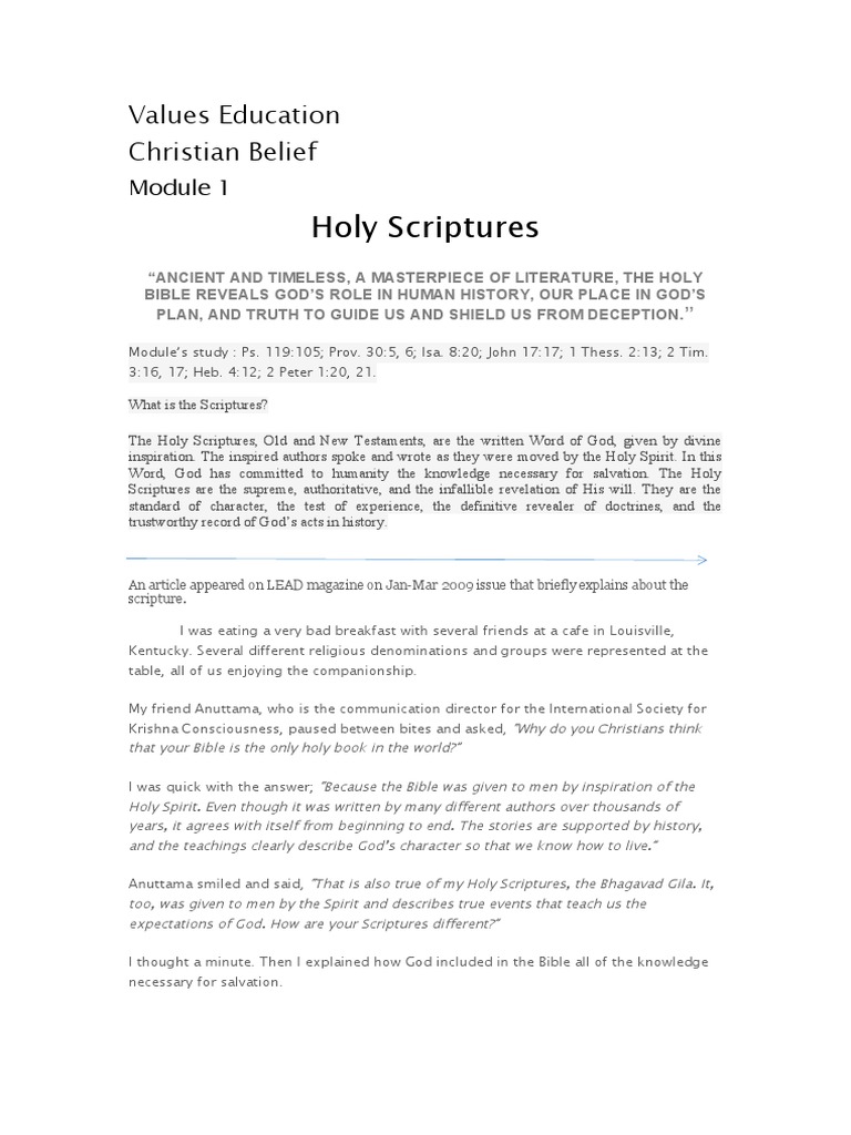 Holy Scriptures: Values Education Christian Belief | PDF | Bible ...