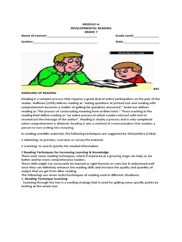 Developmental Reading Techniques for Grade 7 | PDF | Speed Reading ...