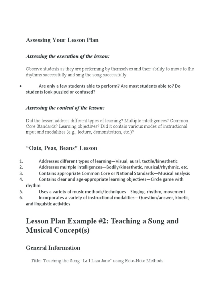 Lesson Plan Example #2: Teaching A Song and Musical Concept(s) | PDF ...