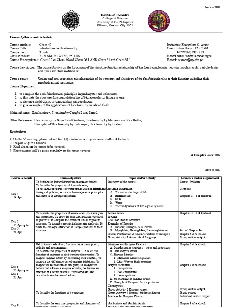 Course Syllabus and Schedule: College of Science University of The ...
