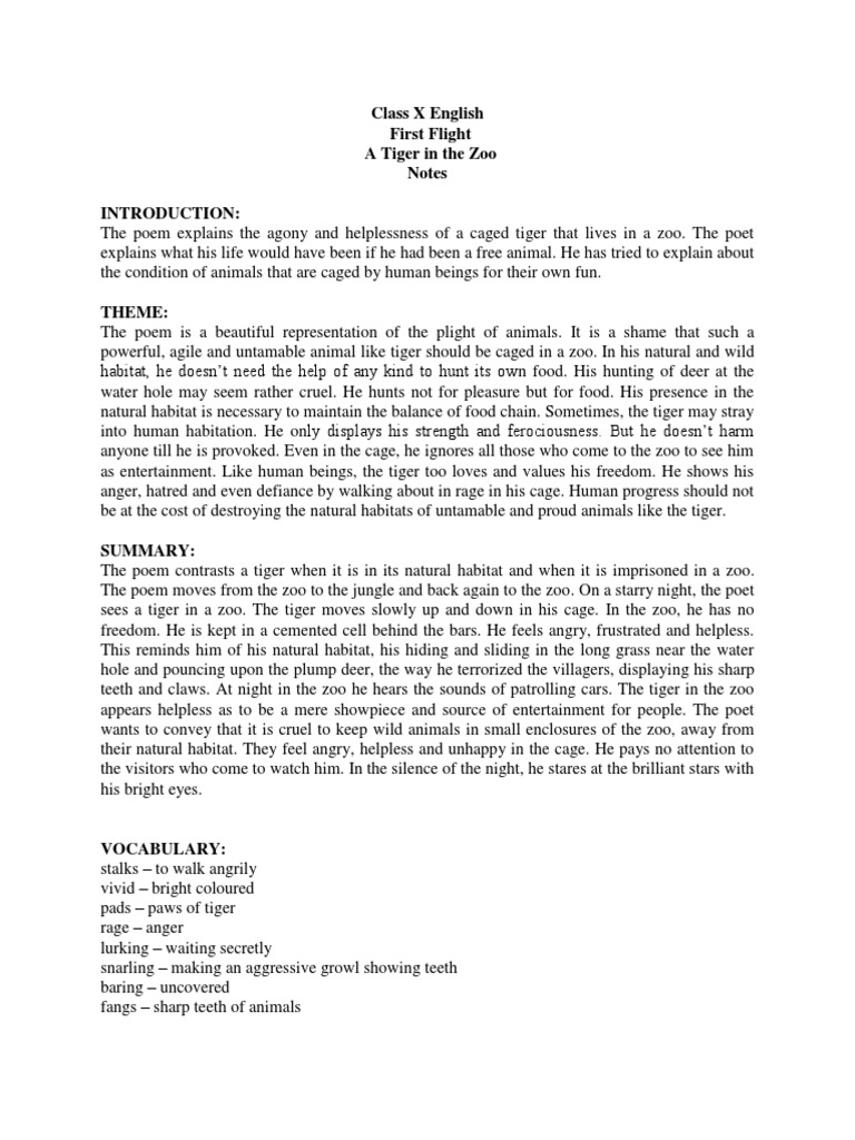 10 English - A Tiger in The Zoo - Notes | PDF | Tiger | Zoo