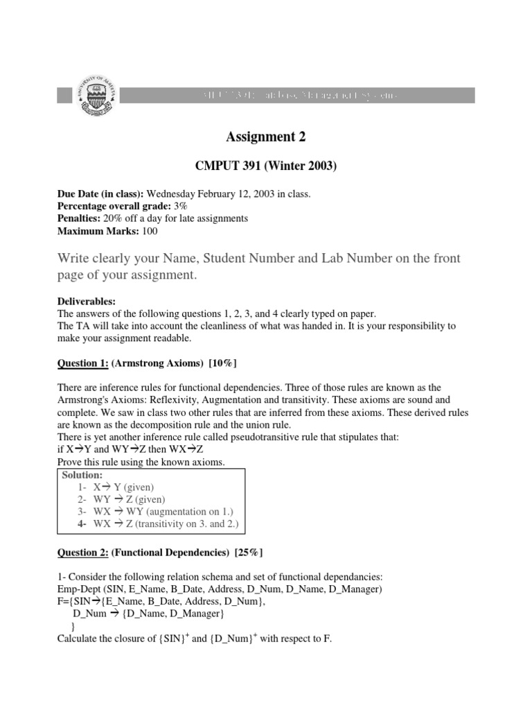 Assignment 2: Write Clearly Your Name, Student Number and Lab Number On ...
