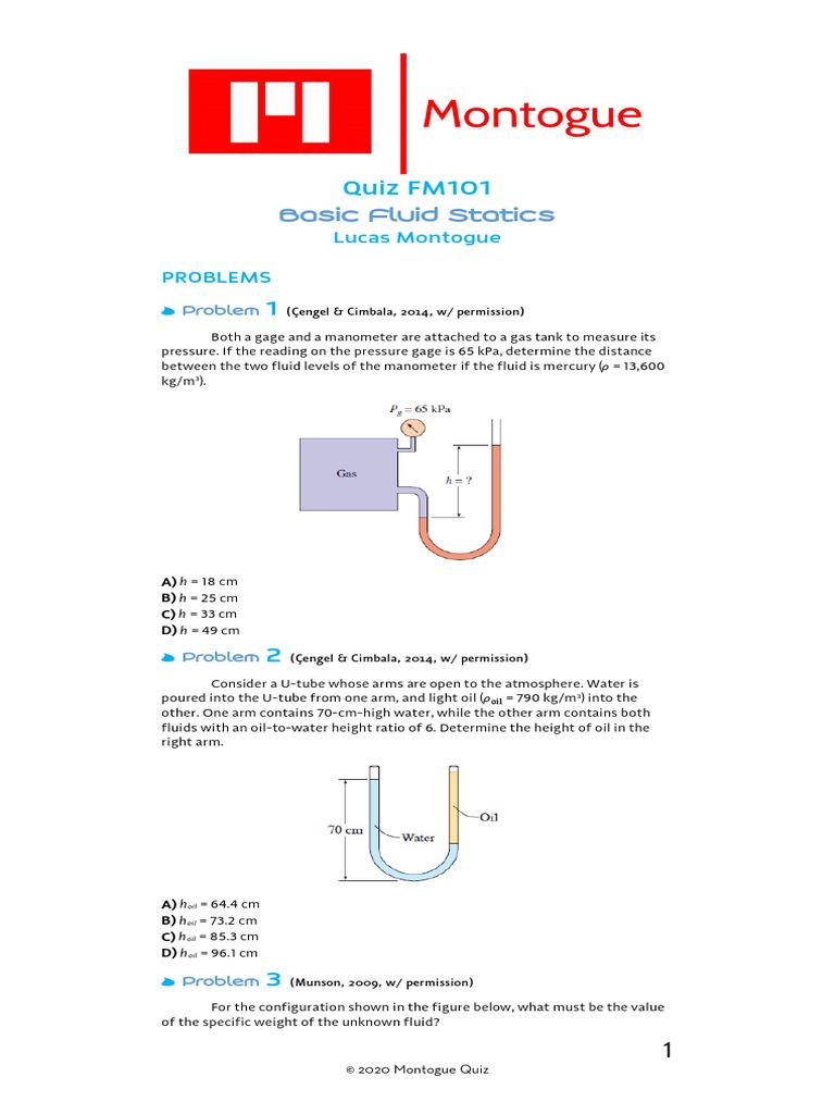 Basic Fluid Statics Solved Problems | PDF | Pressure Measurement | Pressure