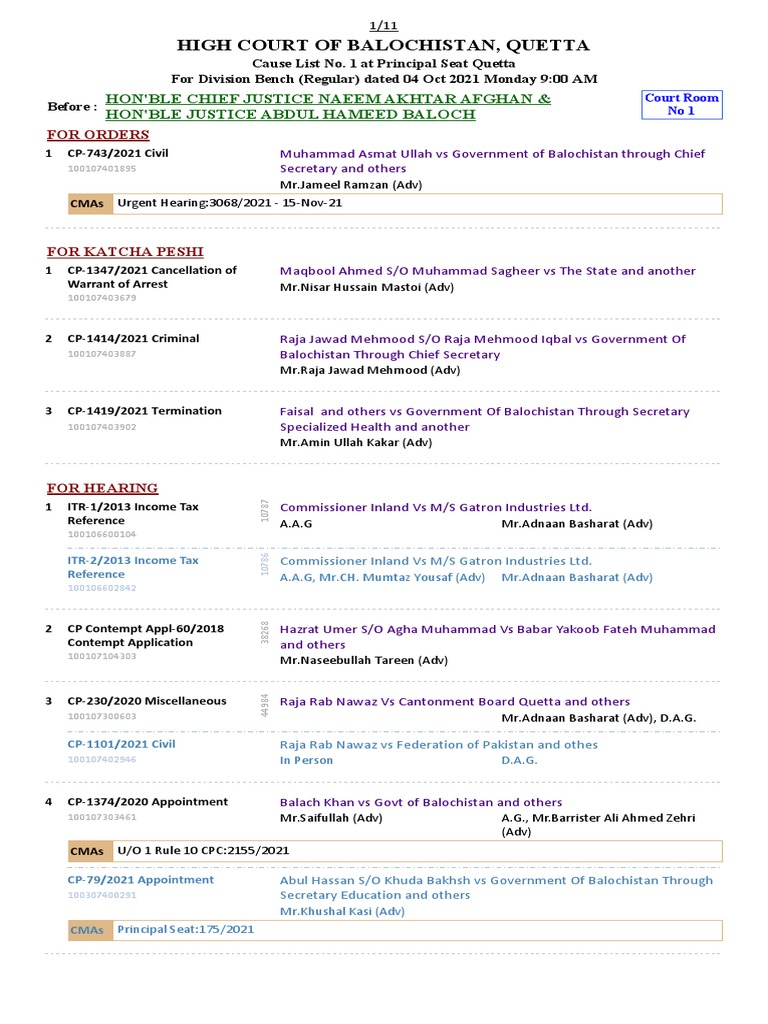 Division - Bench October 04, 2021 | PDF | Pakistan