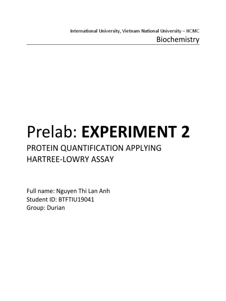 Prelab: EXPERIMENT 2: Protein Quantification Applying Hartree-Lowry ...