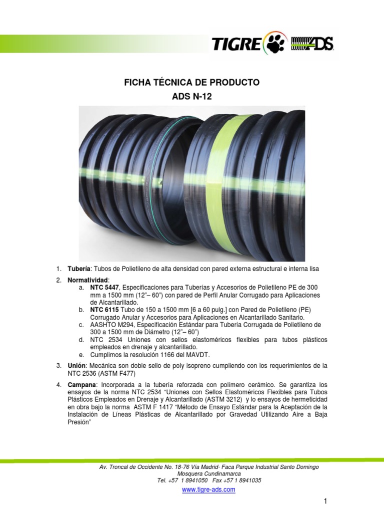 Ficha Técnica de Producto ADS N12 60plg | PDF | Tubería (transporte de ...