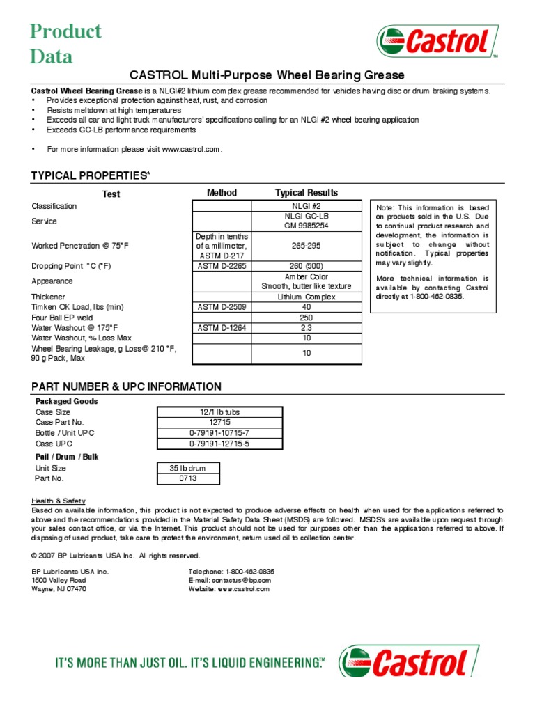 Product Data: CASTROL Multi-Purpose Wheel Bearing Grease | PDF ...