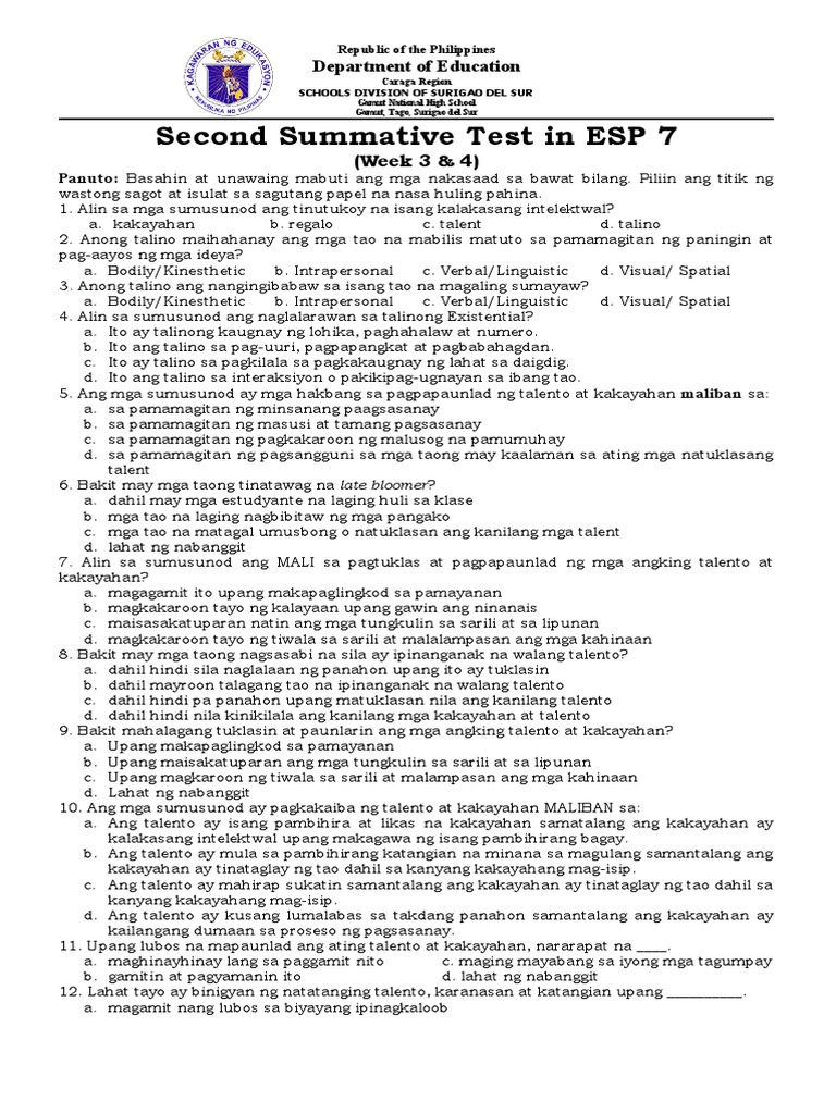 Second Summative Test in ESP 7 | PDF