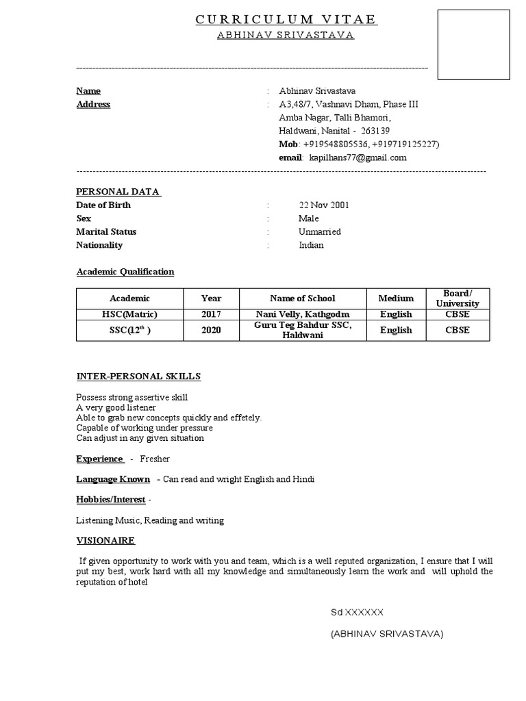 CV Abhinav Srivastava | PDF | Behavior Modification | Learning