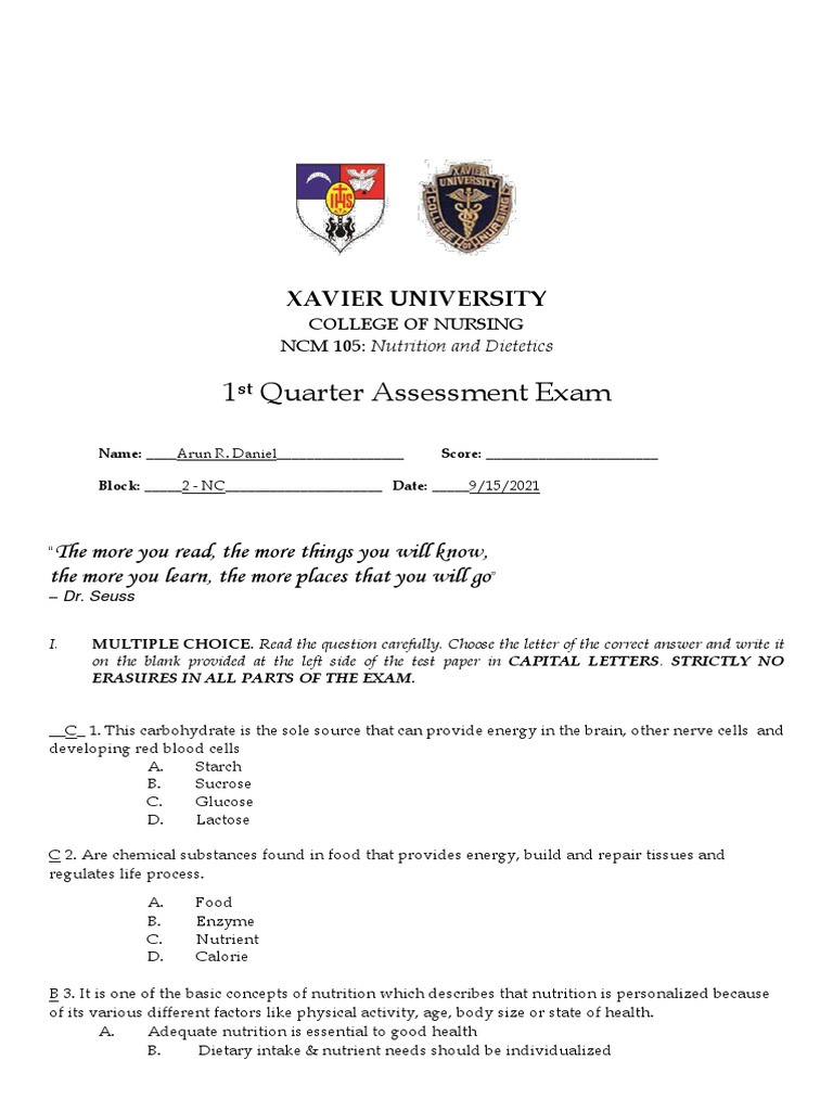 DANIEL - 1st Quarter Assessment | PDF | Nutrients | Human Nutrition
