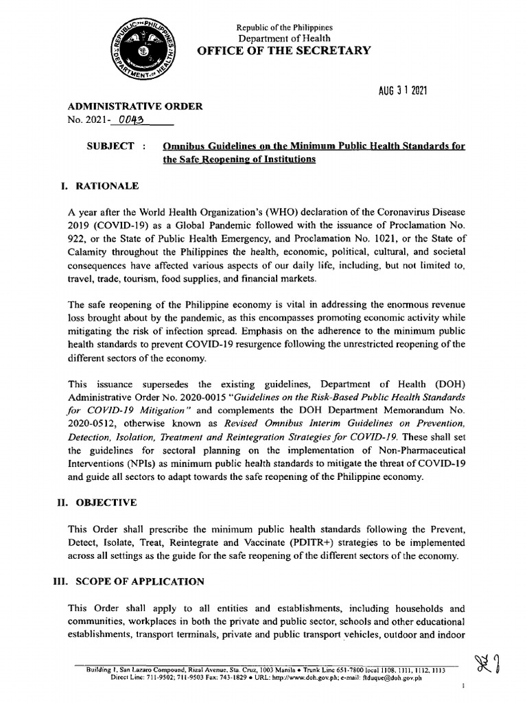 AO2021-0043 Omnibus Guidelines On The Minimum Public Health Standards ...