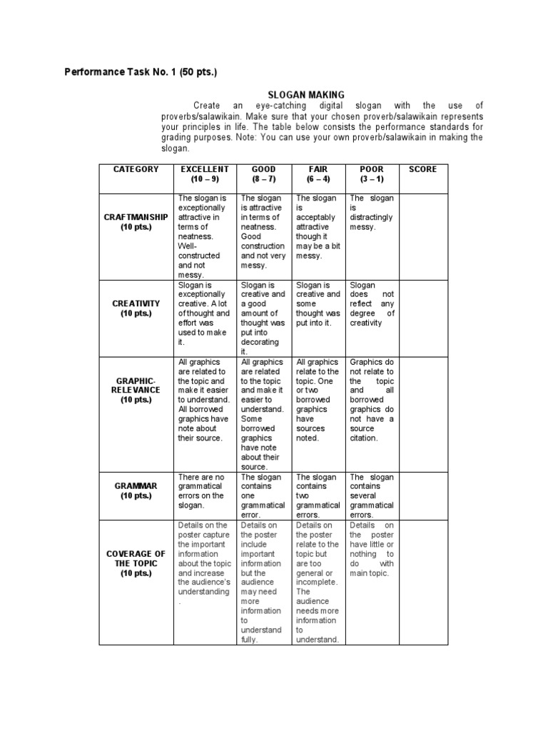 Performance Task No. 1 (50 PTS.) : Category Excellent (10 - 9) Good (8 ...