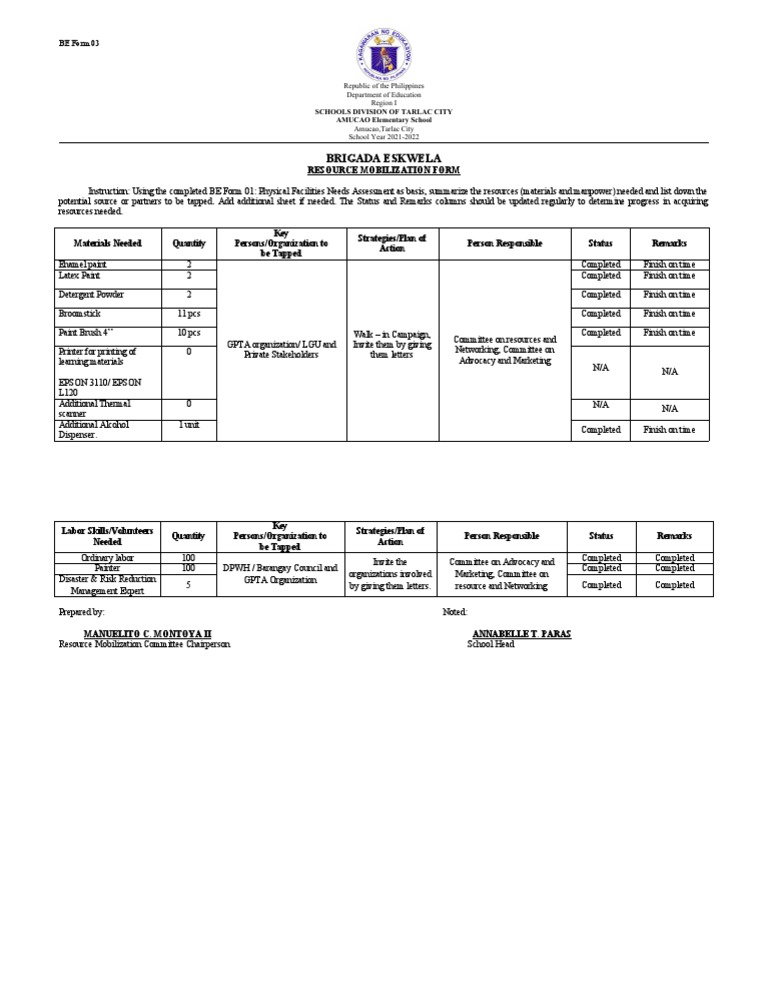 BE Form 3 RESOURCE MOBILIZATION FORM | PDF