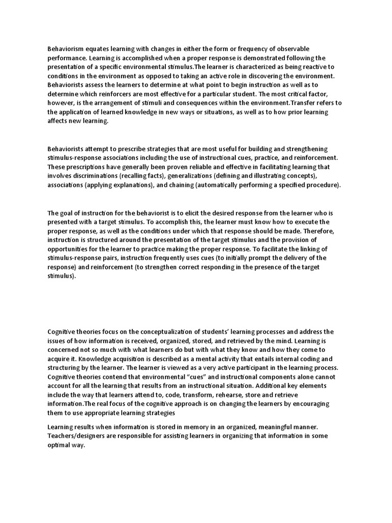 Behaviorism Cognitivism Constructivism Pdf Learning