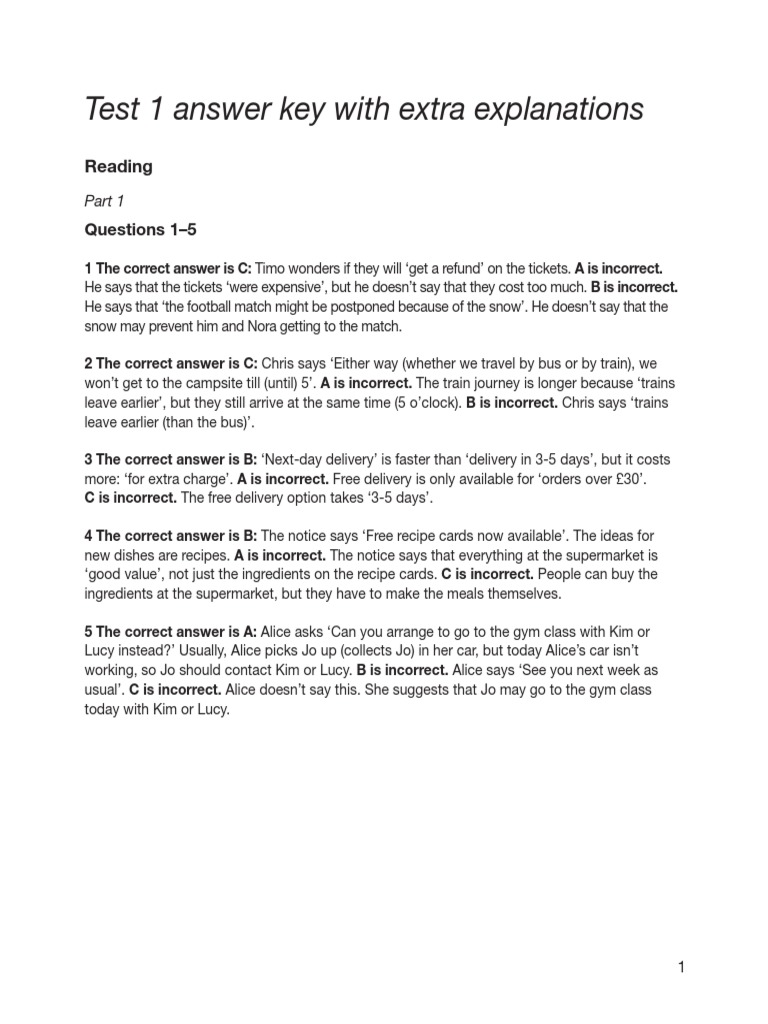 B1 Preliminary 2 Reading Answer Key | PDF | Noun | Verb