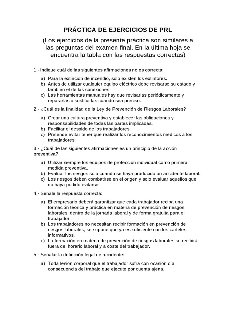 Práctica de Ejercicios de PRL | PDF | Seguridad y salud ocupacional | Ciencias de la Salud