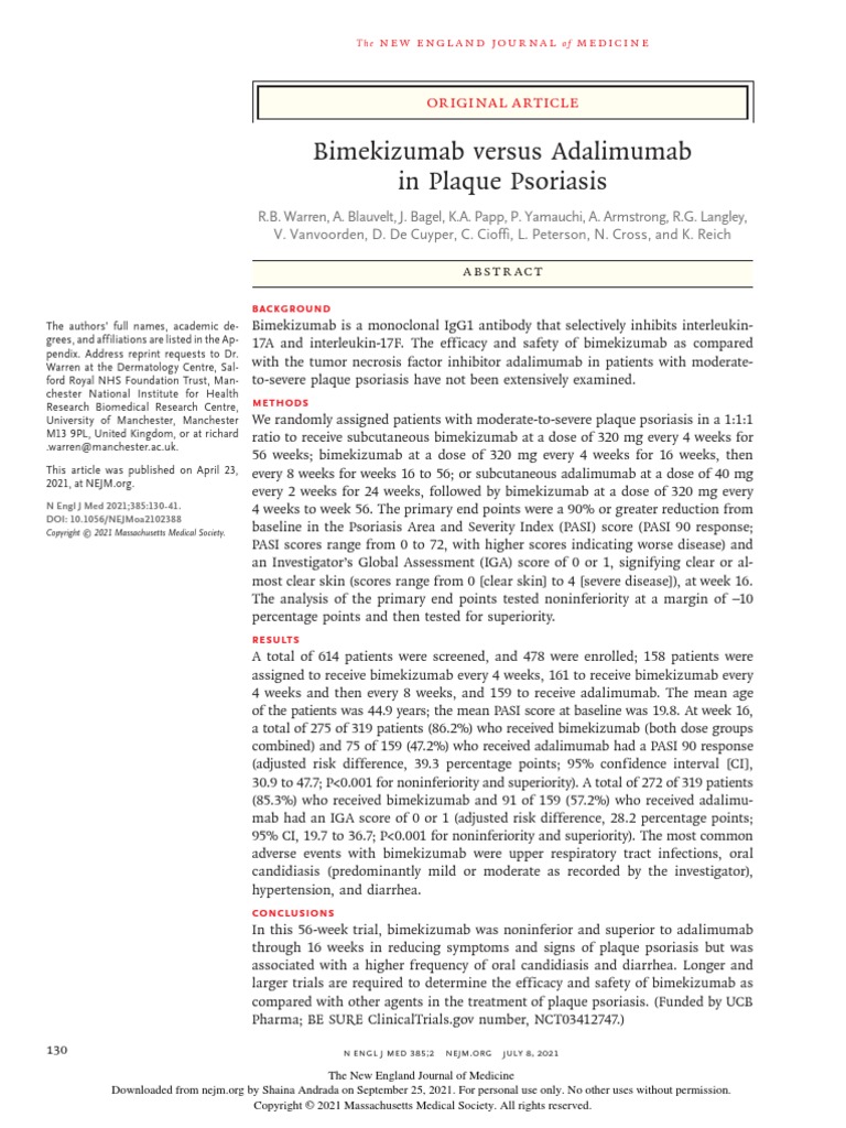 Bimekizumab Versus Adalimumab in Plaque Psoriasis | PDF | Psoriasis | Phases Of Clinical Research