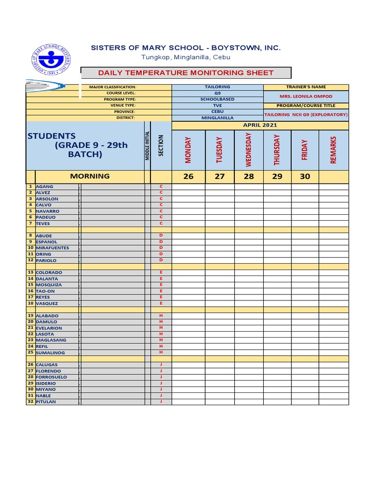 Tailoring Daily Temperature Monitoring Sheet Template - 9 and 12 | PDF